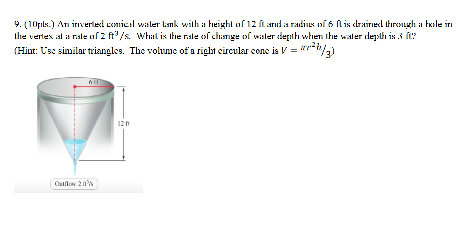 Solved 9. (10pts.) An inverted conical water tank with a | Chegg.com