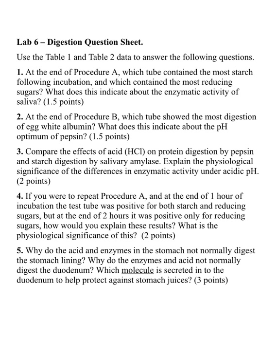 Solved Lab 6 Digestion Question Sheet Use the Table 1 and | Chegg.com