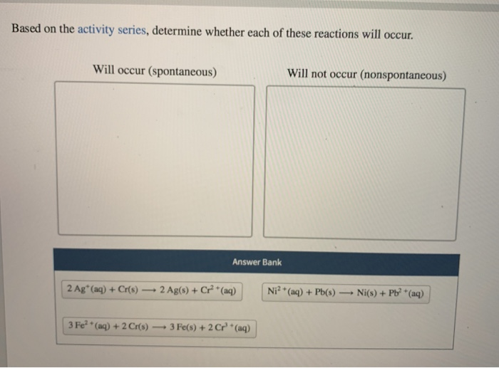Solved Based on the activity series, determine whether each | Chegg.com