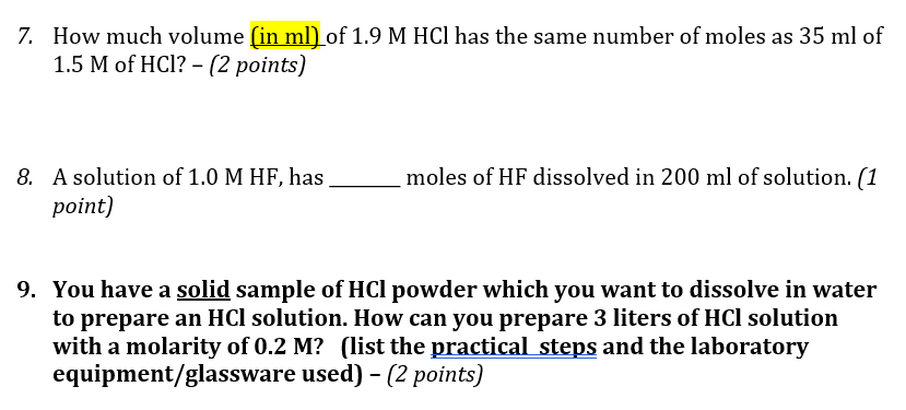 Solved 7. How much volume (in ml) of 1.9 M HCl has the same | Chegg.com