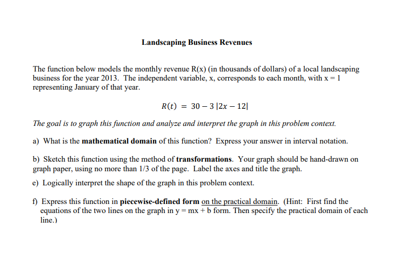 Solved Landscaping Business Revenues The function below | Chegg.com