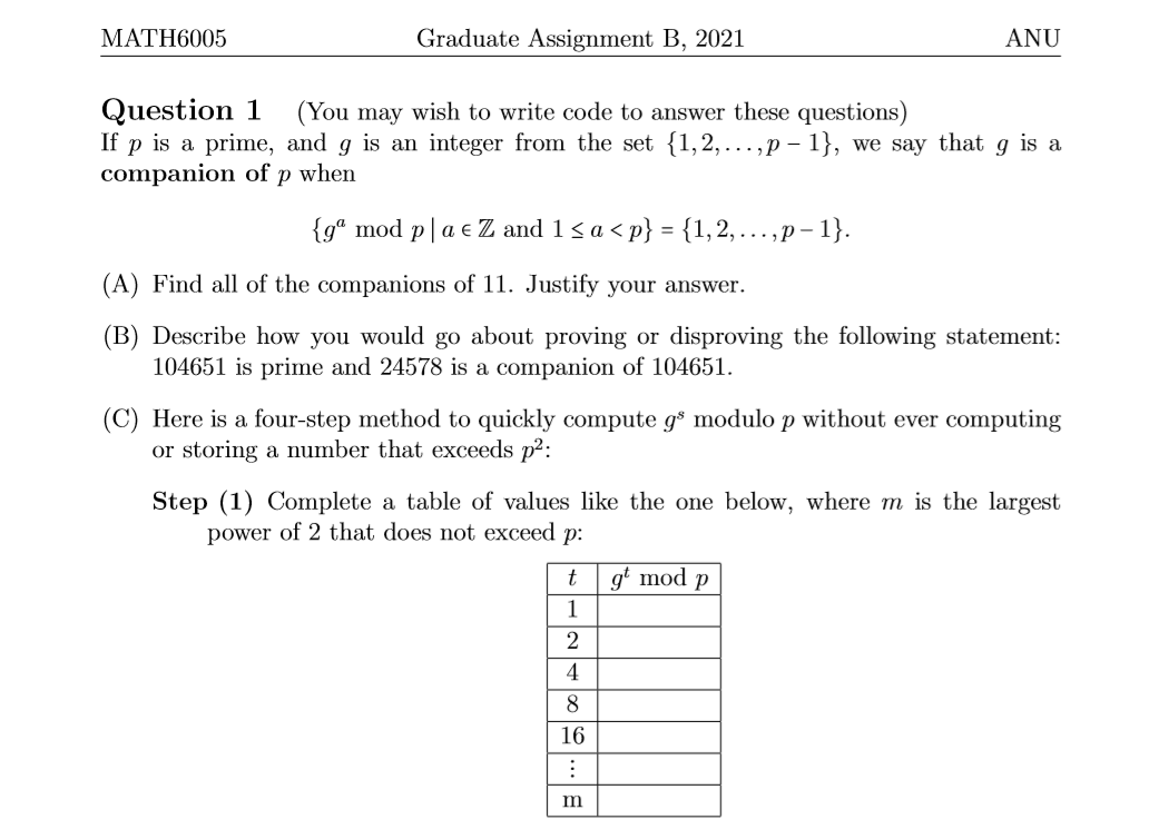 MATH6005 Graduate Assignment B, 2021 ANU Question 1 | Chegg.com