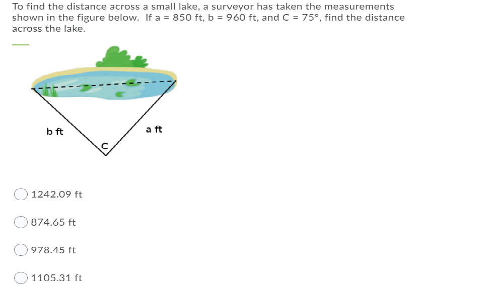Solved To find the distance across a small lake, a surveyor | Chegg.com