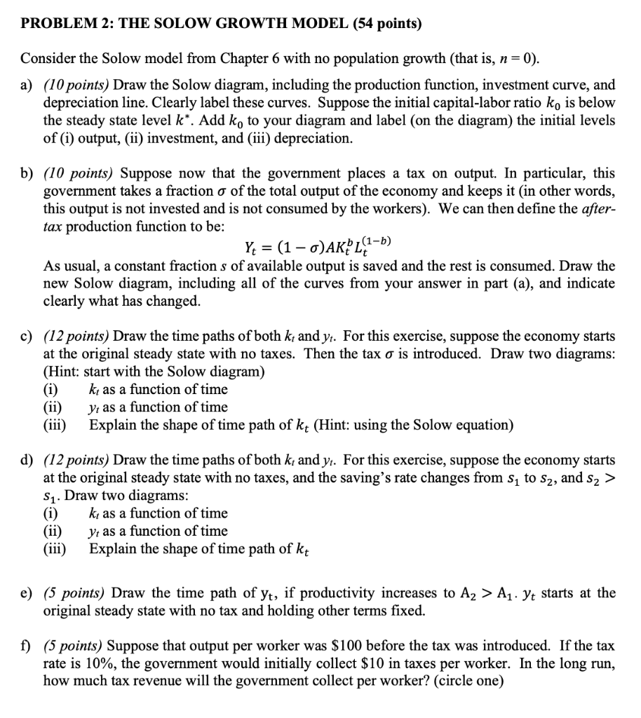 PROBLEM 2: THE SOLOW GROWTH MODEL (54 points) | Chegg.com
