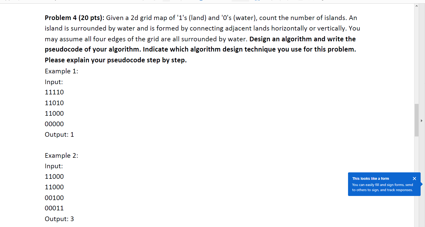 Solved Problem 4 (20 pts): Given a 2d grid map of 'l's | Chegg.com