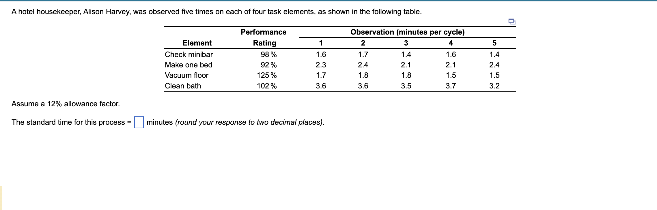 Solved Assume a 12% allowance factor. The standard time for | Chegg.com