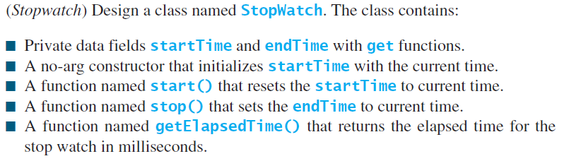 Solved (Stopwatch) Design a class named StopWatch. The class | Chegg.com