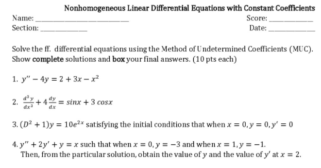 Solved Name: Section: Nonhomogeneous Linear Differential | Chegg.com