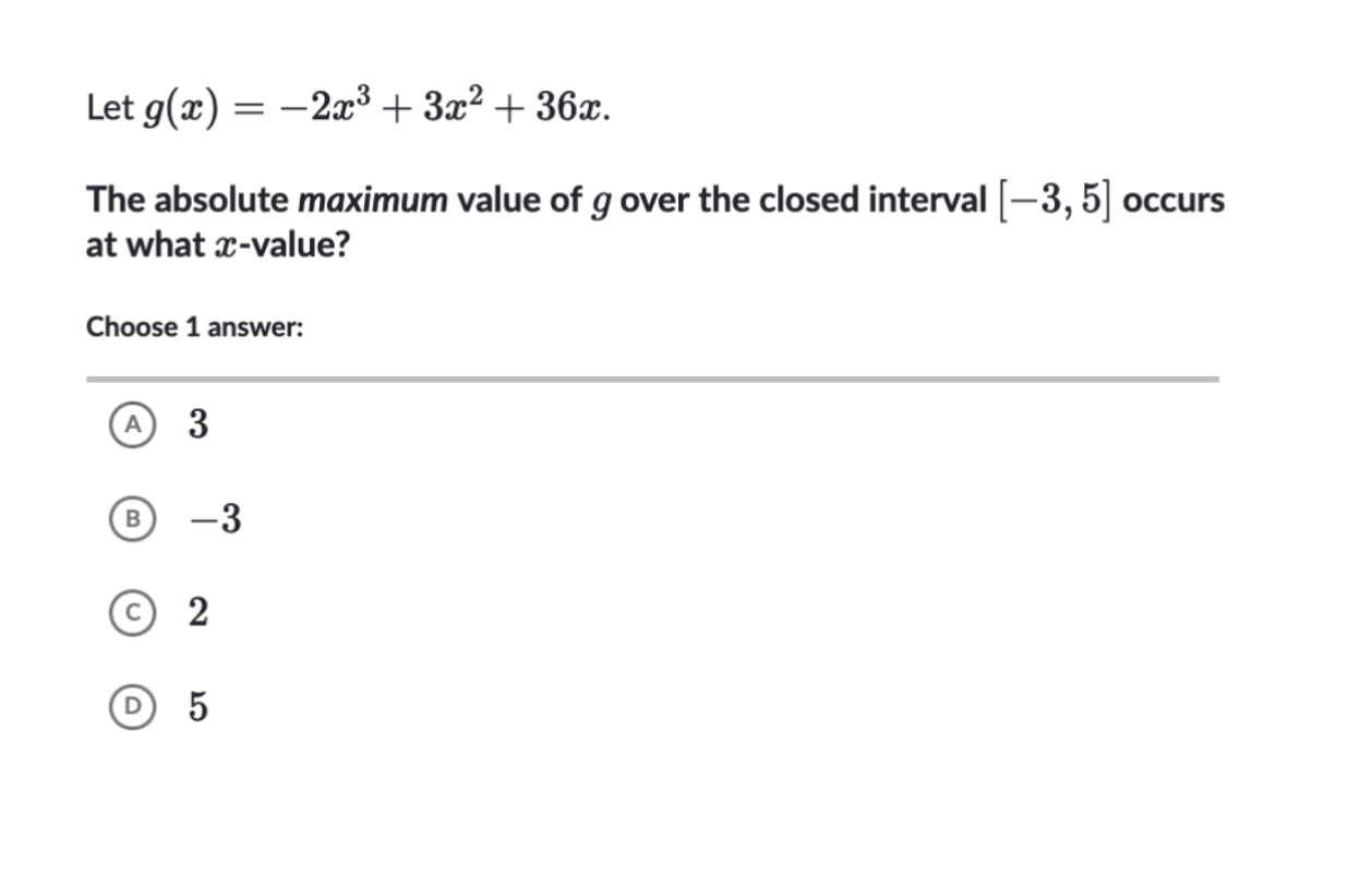 Solved Let g(x)=-2x3+3x2+36x.The absolute maximum value of g | Chegg.com