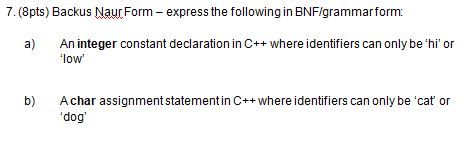 Solved 7. (pts) Backus Naur Form - express the following in | Chegg.com
