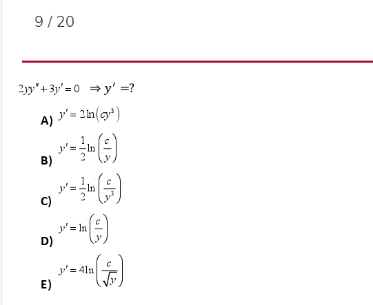 Solved 9/20 2yy," + 3y' = 0 = y' =? y' = 2 ln(cy) A) y'= - | Chegg.com