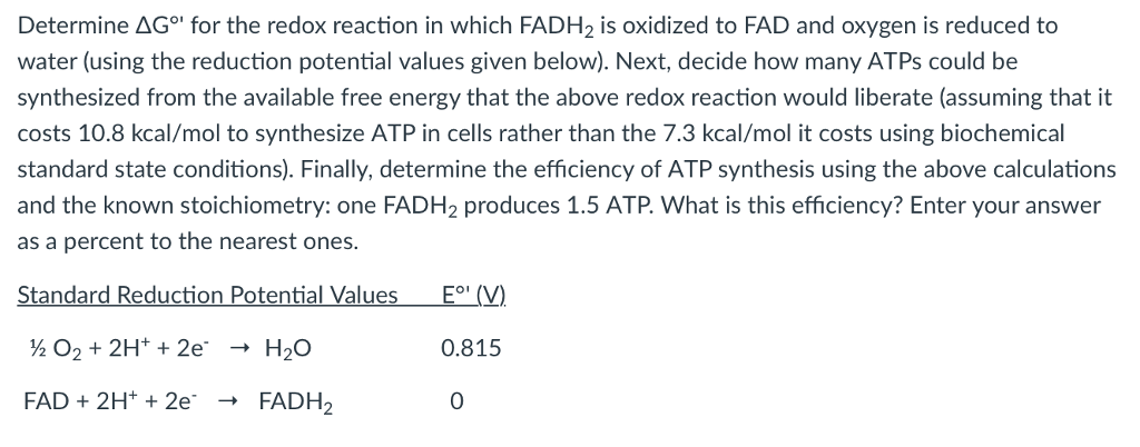 Solved Determine ΔGo for the redox reaction in which FADH2 | Chegg.com