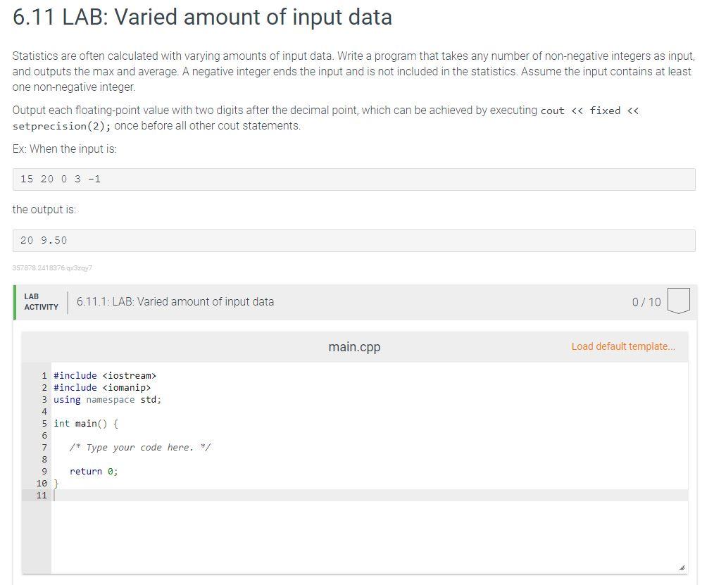 Solved 6.11 LAB: Varied amount of input data Statistics are | Chegg.com