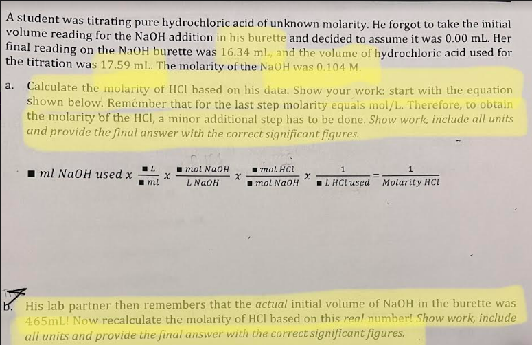 Solved A student was titrating pure hydrochloric acid of | Chegg.com
