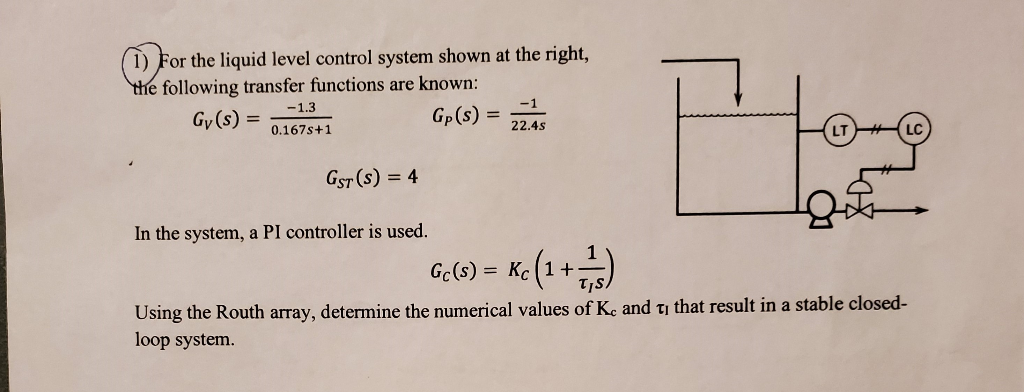 Solved (1) For the liquid level control system shown at the | Chegg.com