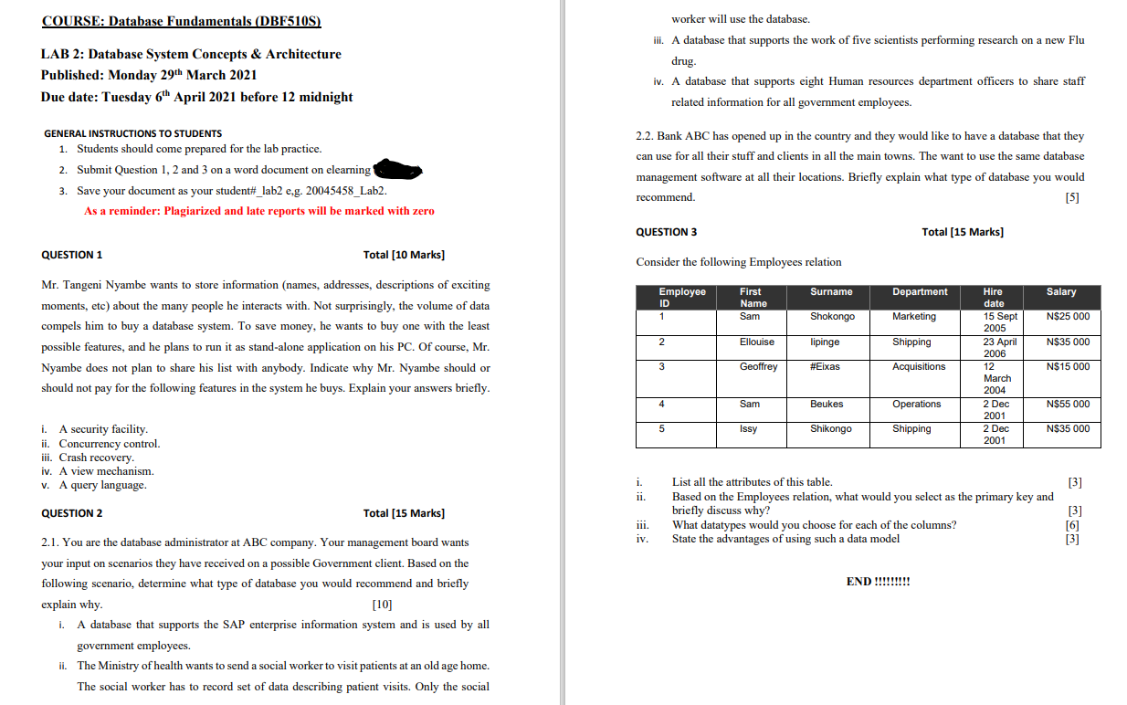 COURSE: Database Fundamentals (DBF510S) worker will | Chegg.com