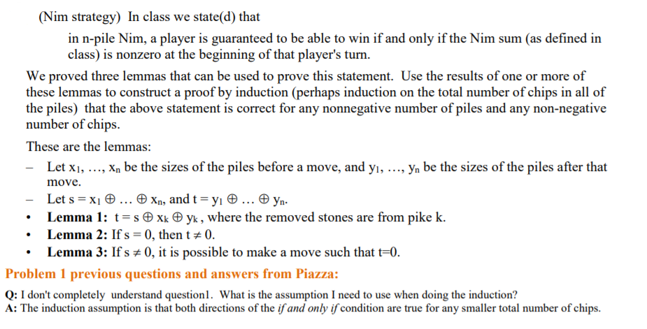 (Nim strategy) In class we state(d) that in n-pile | Chegg.com