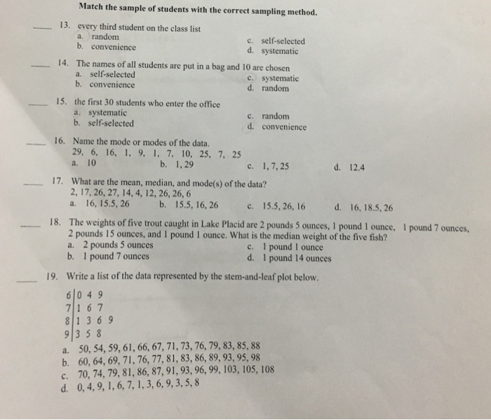 Solved Match the sample of students with the correct | Chegg.com
