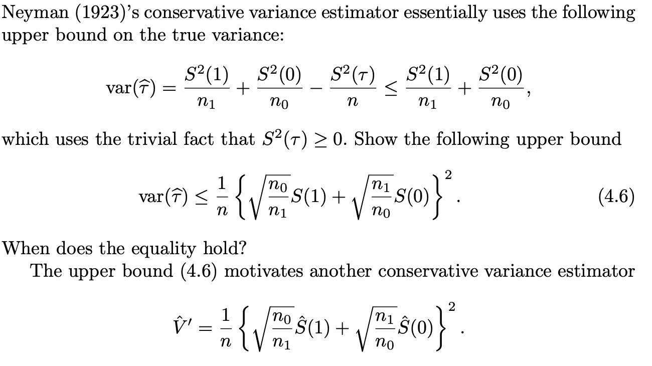 Neyman (1923)'s conservative variance estimator | Chegg.com