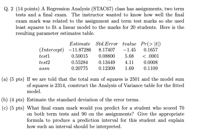 Solved Q. 2 (14 points) A Regression Analysis (STAC67) class | Chegg.com