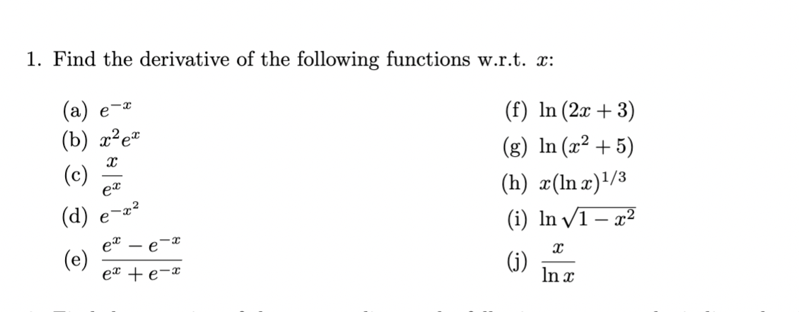 Solved 1. Find the derivative of the following functions | Chegg.com