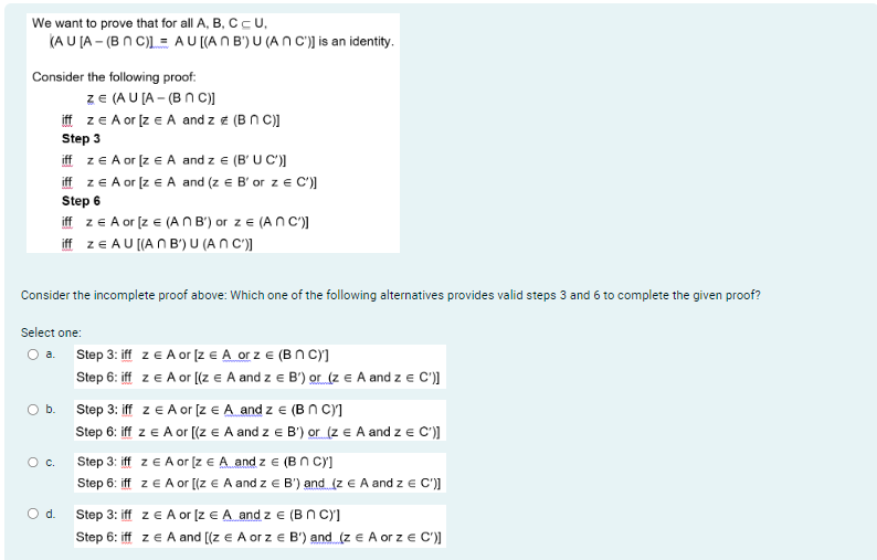 Solved We want to prove that for all A,B,C⊆U, | Chegg.com