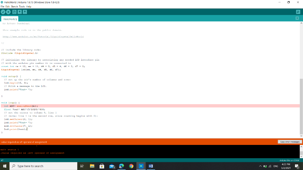 Solved X Hello World Arduino 1.813 (Windows Store 1.8.42.0) | Chegg.com