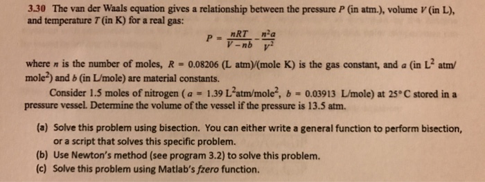 Solved The van der Waals equation gives a relationship | Chegg.com