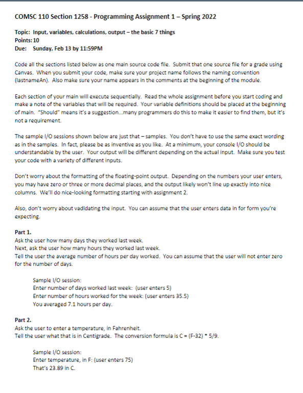 Solved COMSC 110 Section 1258 - Programming Assignment 1 - | Chegg.com