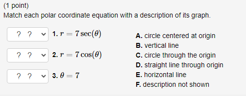 Solved (1 ﻿point)Match each polar coordinate equation with a | Chegg.com