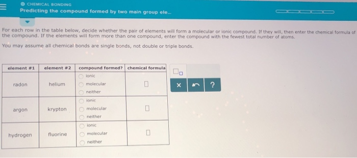 Solved CHEMICAL BONDING Predicting the compound formed by | Chegg.com