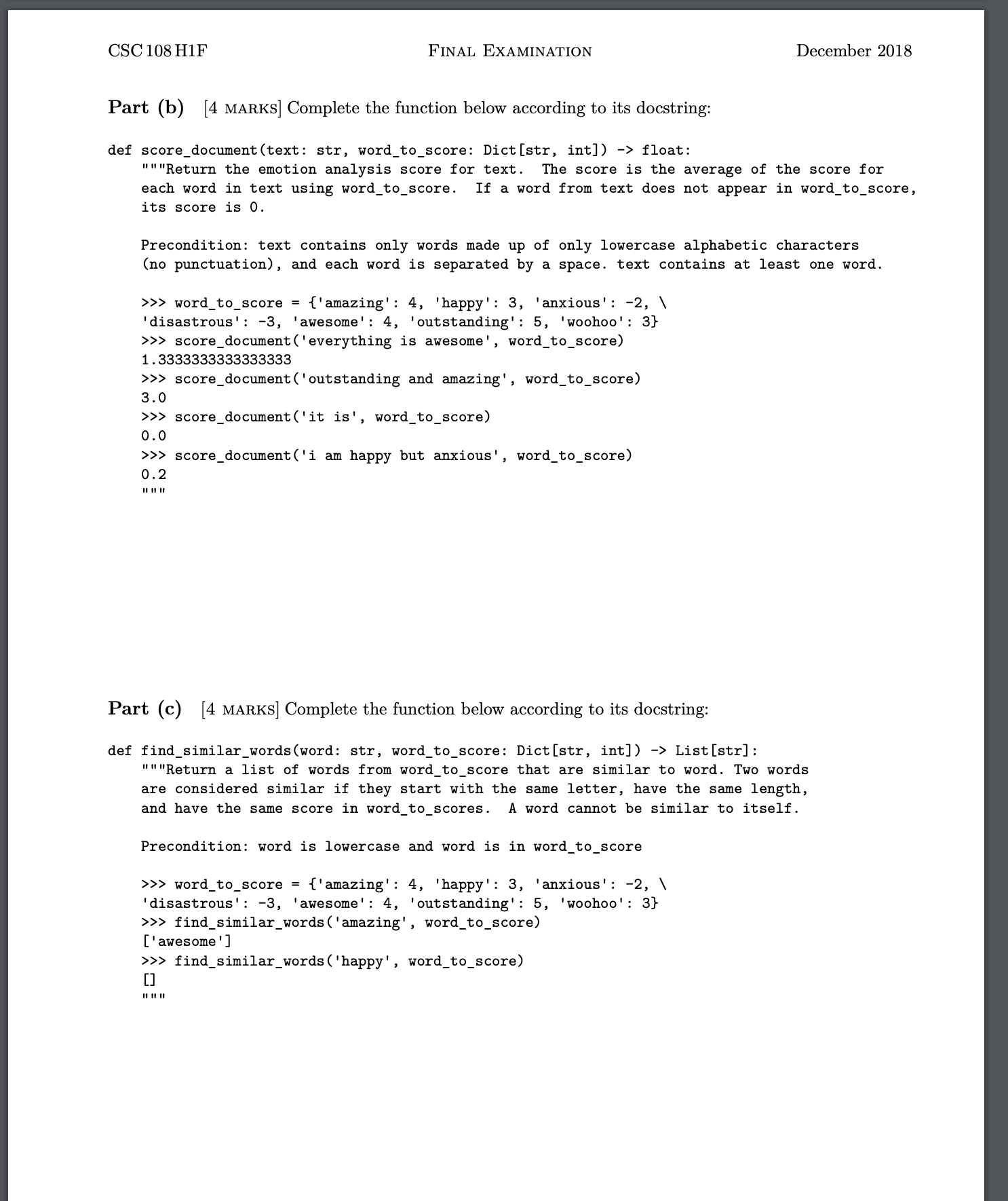 Solved CSC 108H1 F FinAL ExAMINATION December 2018 Part (b) | Chegg.com