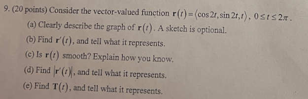 Solved 9. (20 points) Consider the vector-valued function | Chegg.com Solved 9. (20 points) Consider the vector-valued function | Chegg.com
