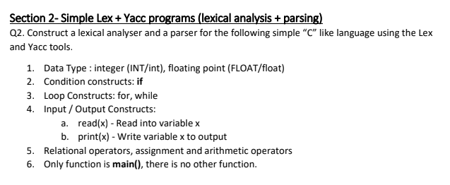 Section 2- Simple Lex + Yacc programs (lexical | Chegg.com
