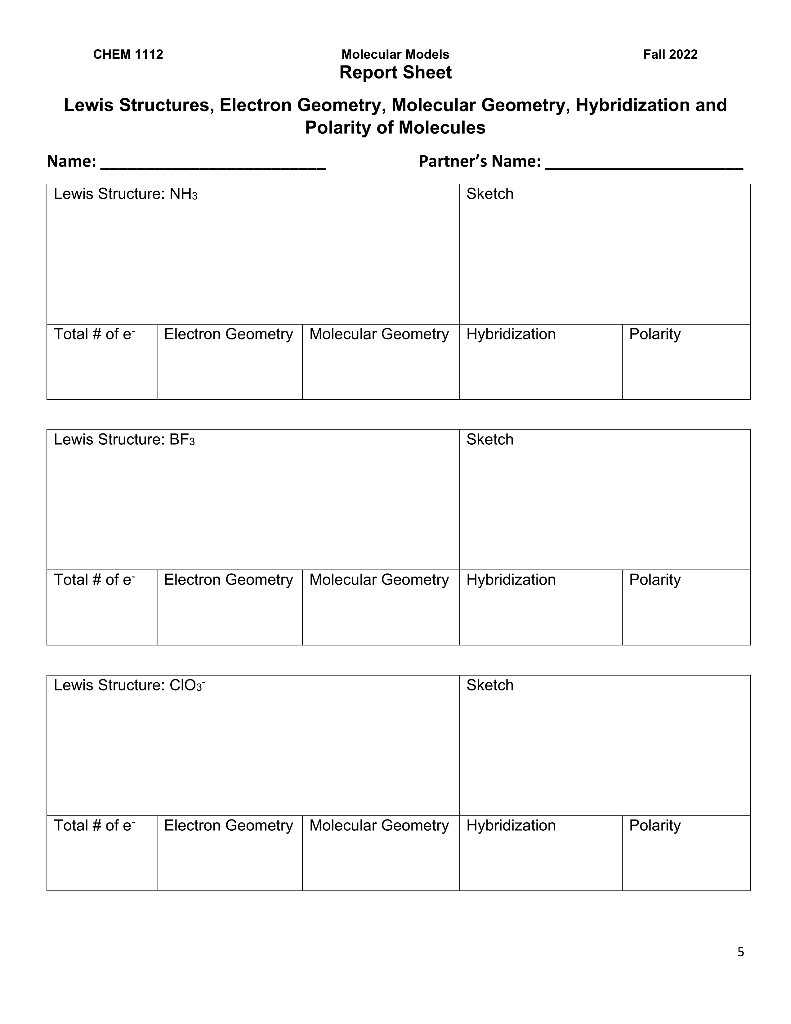 Pleas help with this Molecular Models Report Sheet | Chegg.com