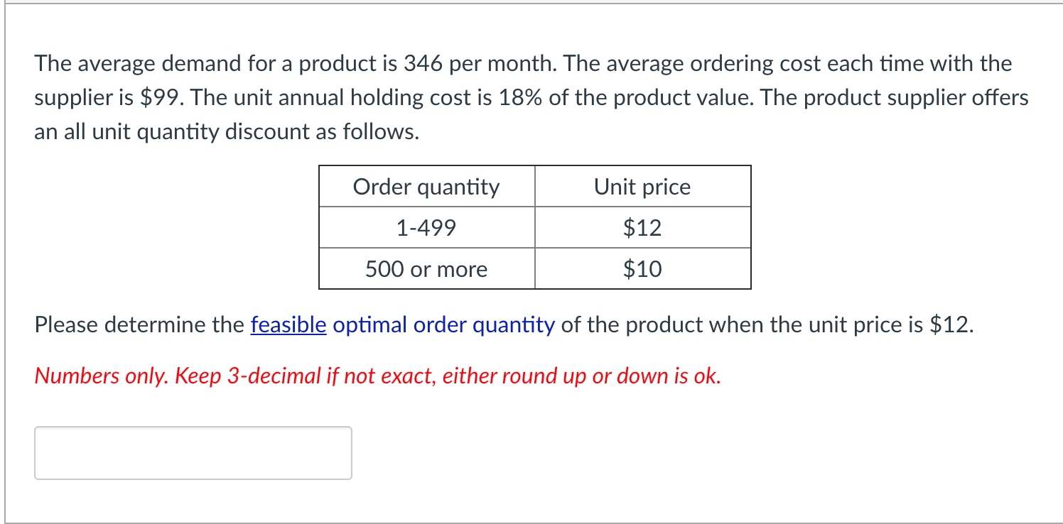 Solved The average demand for a product is 346 per month. | Chegg.com