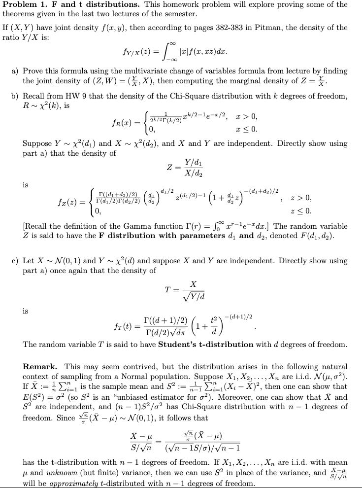 Solved Problem 1. F and t distributions. This homework | Chegg.com