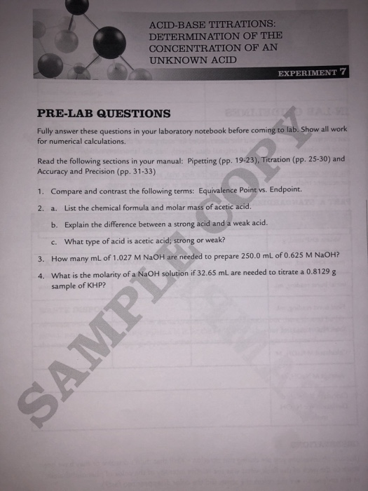 Solved ACID-BASE TITRATIONS: DETERMINATION OF THE | Chegg.com