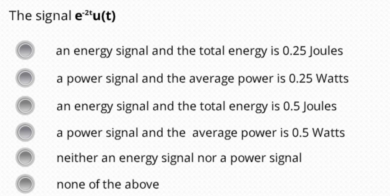Solved The signal e−2tu(t) an energy signal and the total | Chegg.com