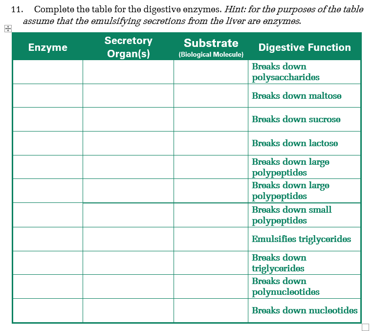 Solved Complete the table for the digestive enzymes. Hint: | Chegg.com