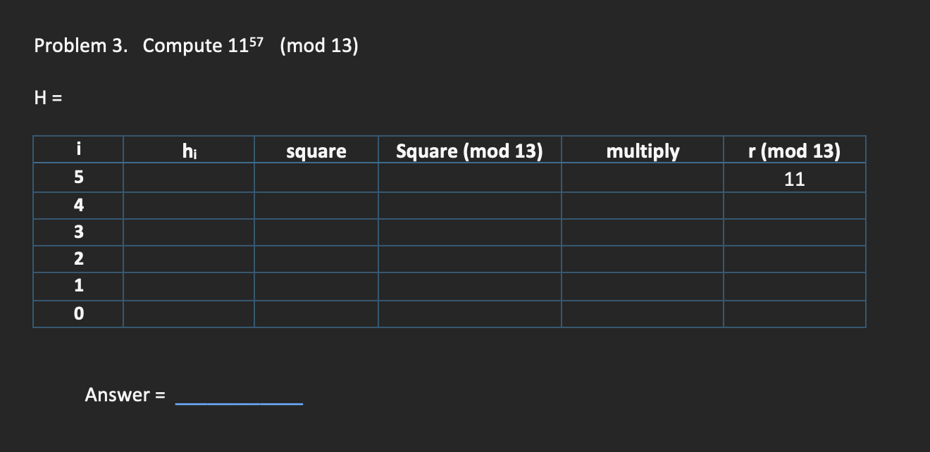 Solved Problem 3. Compute 1157(mod13) | Chegg.com