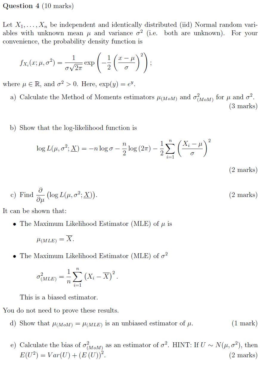 Solved Question 4 10 Marks Let X1 Xn Be Independent 