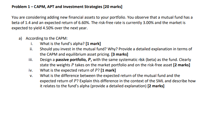 Solved Problem 1 - CAPM, APT and Investment Strategies [20 | Chegg.com