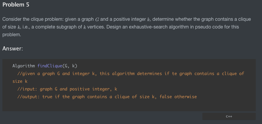 Problem 5 Consider the clique problem: given a graph | Chegg.com