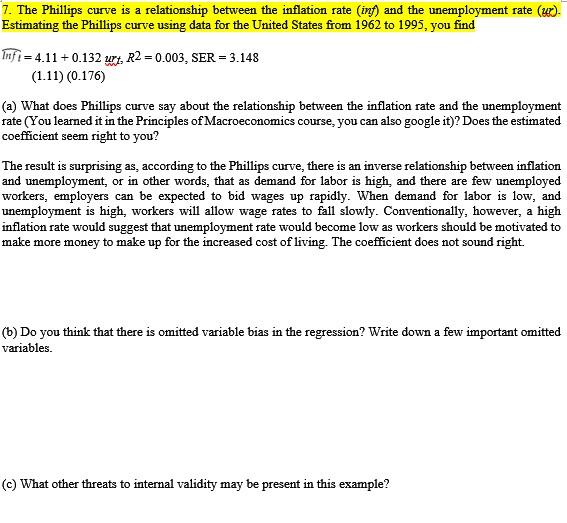 Solved = 7. The Phillips curve is a relationship between the | Chegg.com