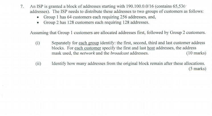 Solved 7. An ISP is granted a block of addresses starting | Chegg.com