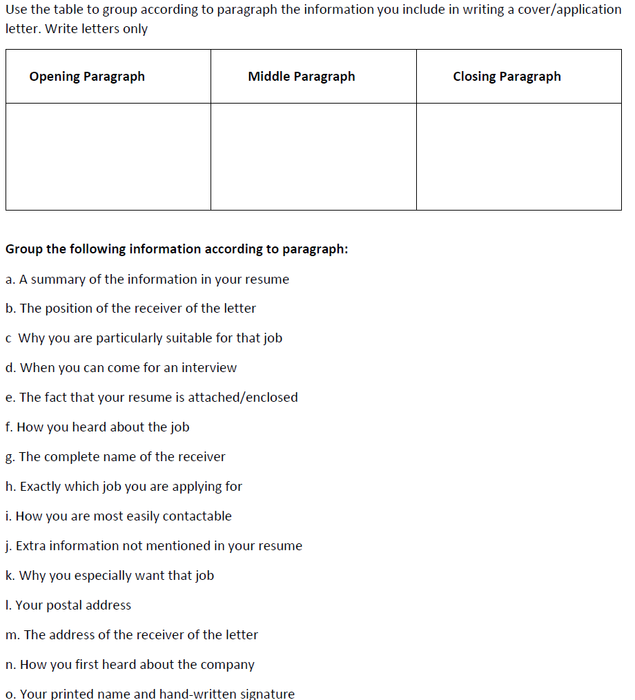 Solved Use the table to group according to paragraph the | Chegg.com