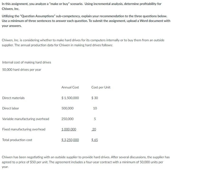 In this assignment, you analyze a "make or buy" | Chegg.com