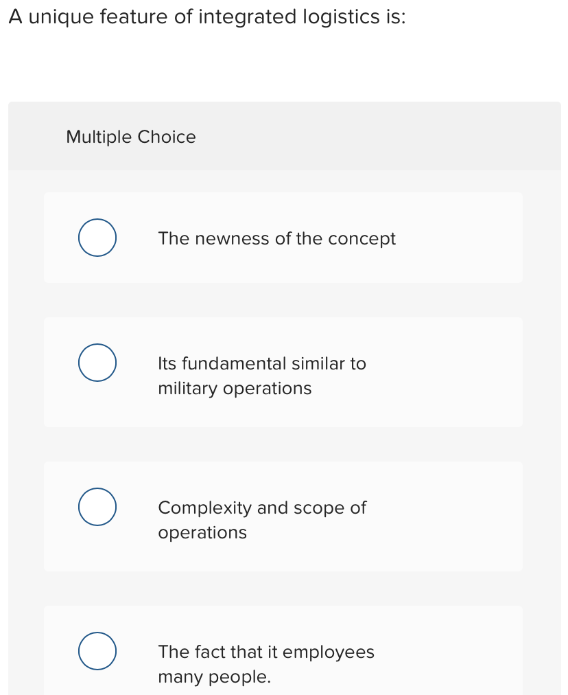 Solved A unique feature of integrated logistics is: Multiple | Chegg.com