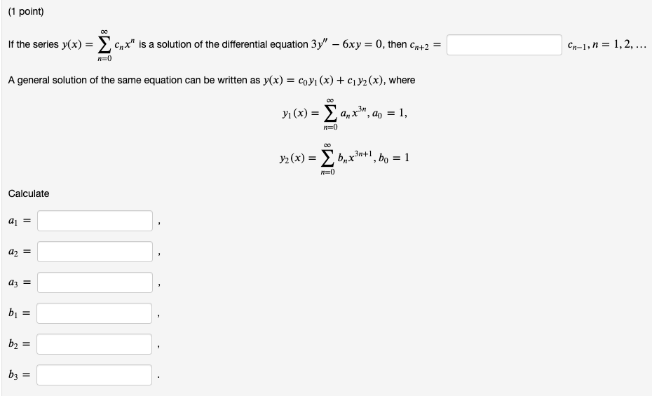Solved (1 point) If the series y(x) = { cmx" is a solution | Chegg.com